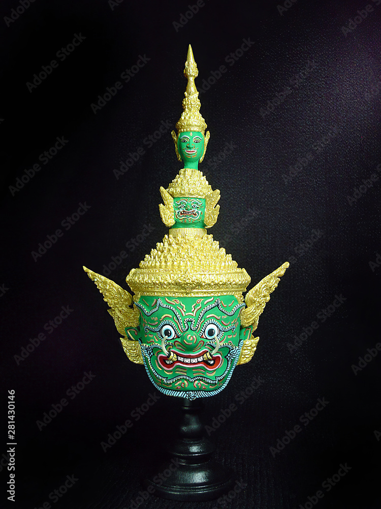 A model of thai actor's Khon mask on black background.(Thai traditional ...
