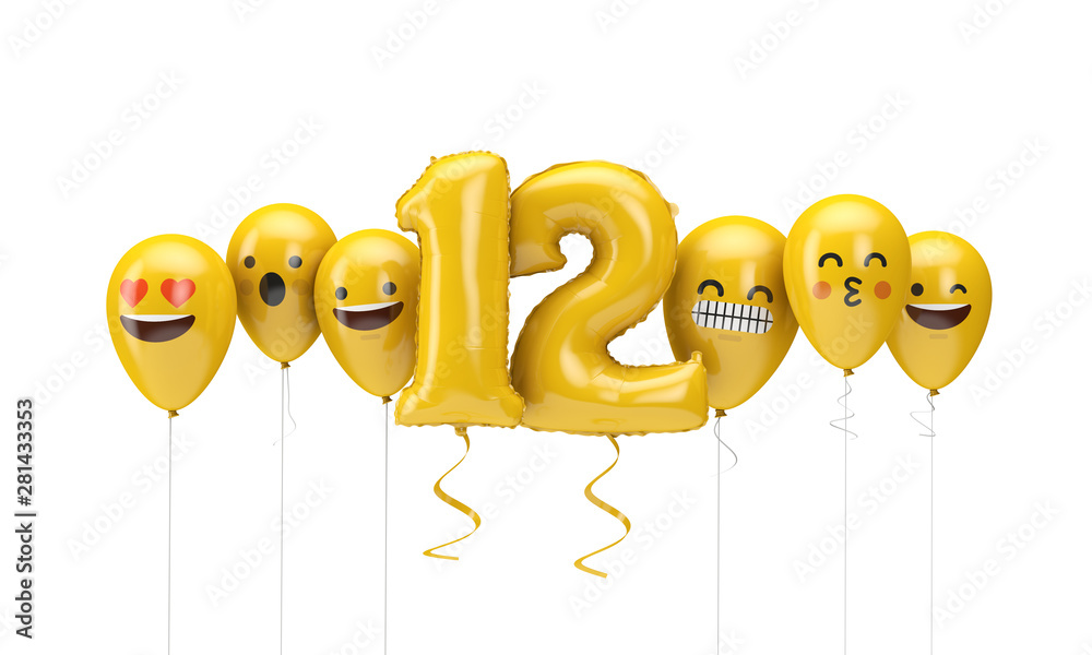 Number 12 yellow birthday emoji faces balloons. 3D Render Stock ...