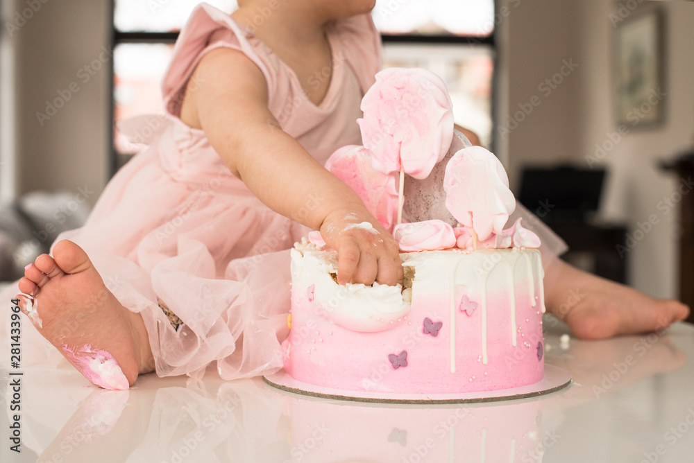 Crash pink cake at the celebration of the first birthday of the girl ...