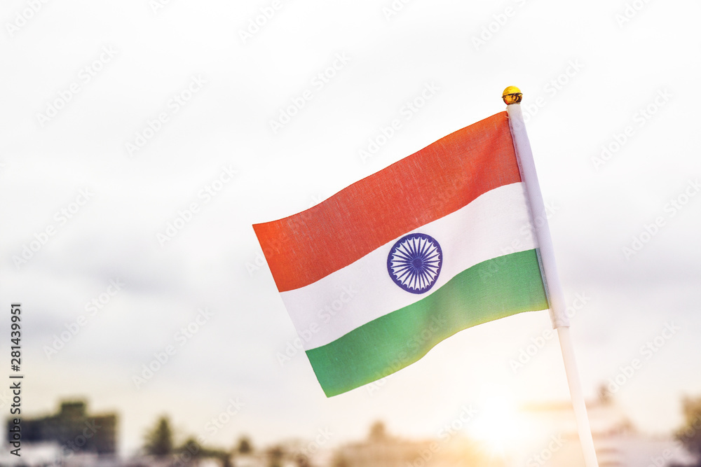 The wavy indian flag on the sunset sky. indian independence day Stock ...