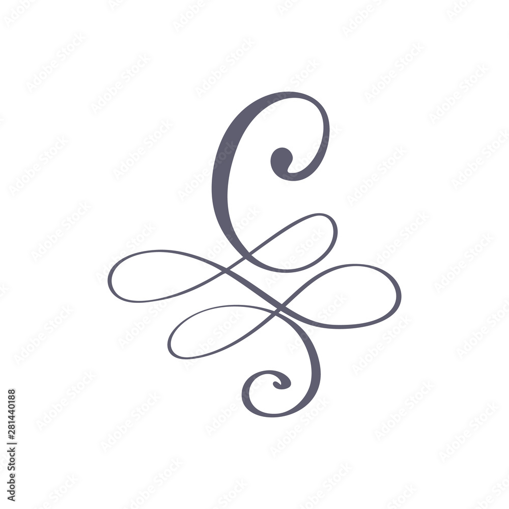 Vector Hand Drawn calligraphic floral C monogram or logo. Uppercase Hand Lettering Letter C with ...