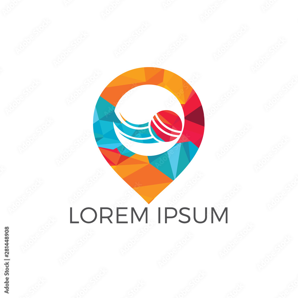 Cricket and map pointer logo design. Game and GPS locator symbol or icon. Unique ball and pin ...