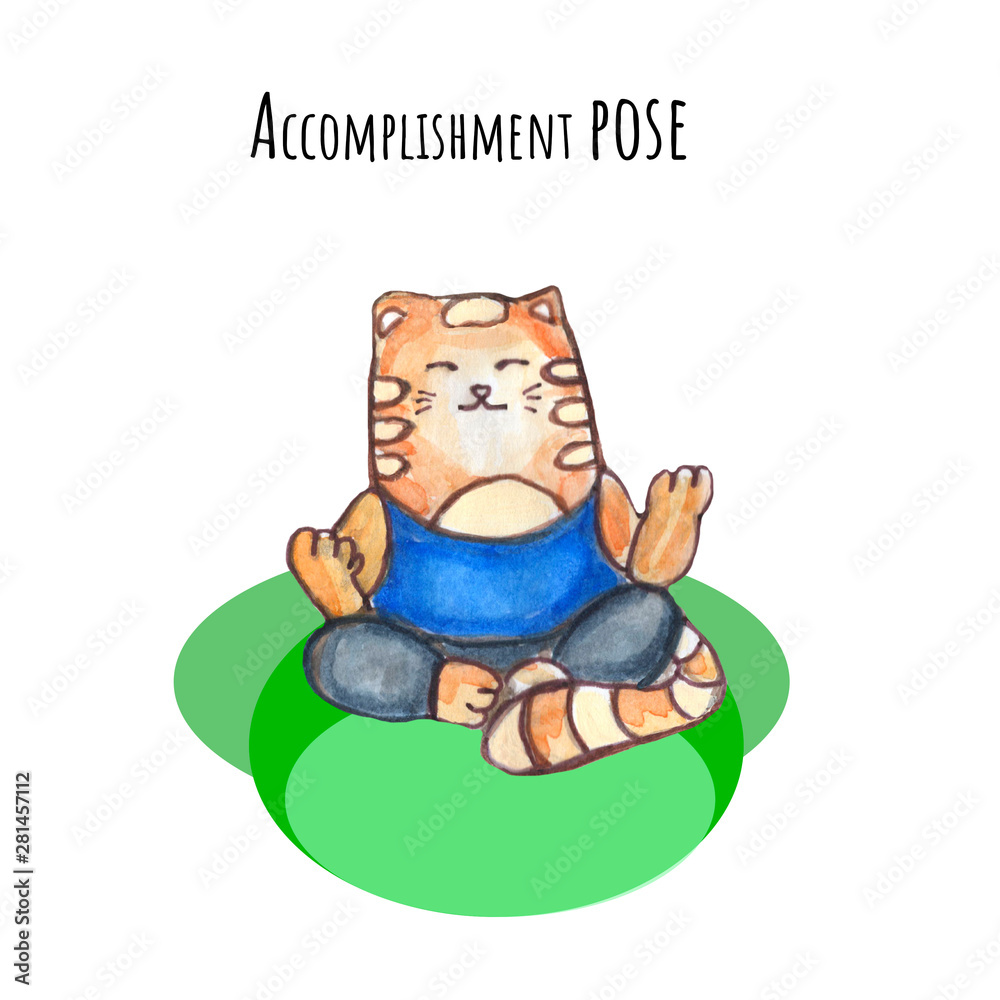 Cute ginger yoga cat. Hand-drawn watercolor funny cat doing yoga ...