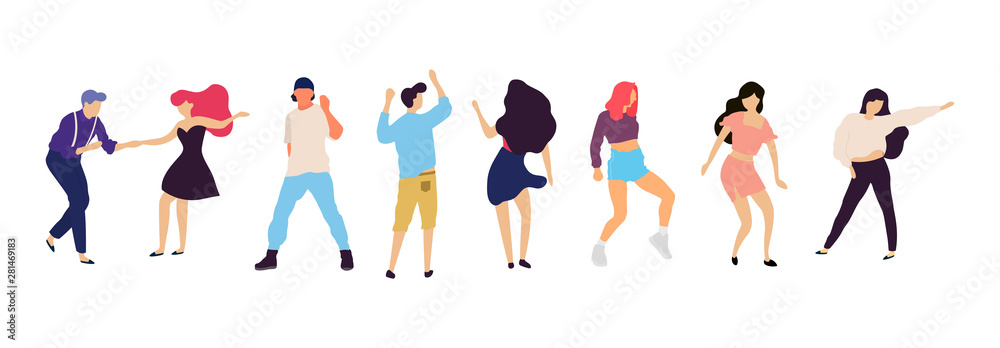 Crowd of young people dancing at club. Big set of characters having fun ...