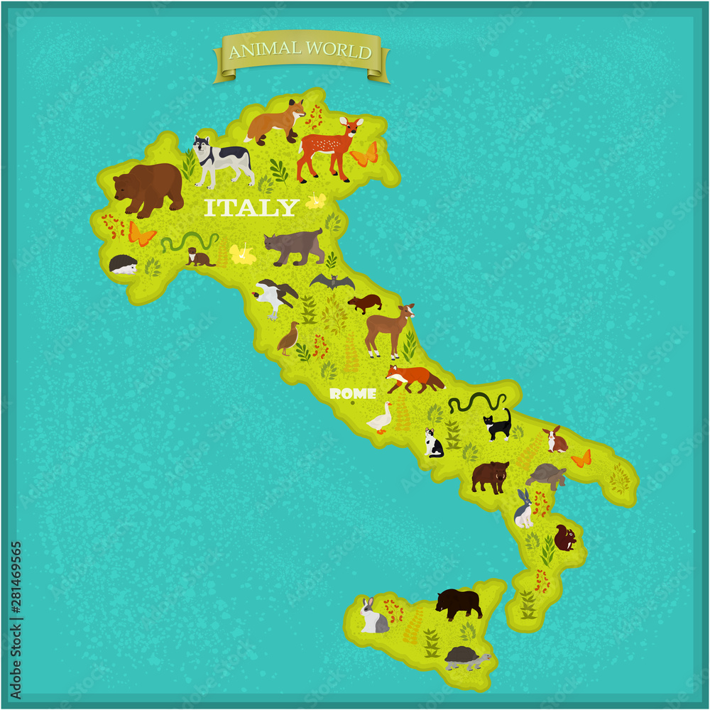 Map of Italy with animals and plants on a blue background vector de ...