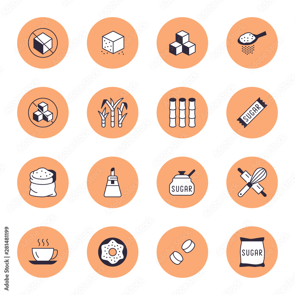 Sugar cane, cube flat line icons set. Sweetener, stevia, bakery ...
