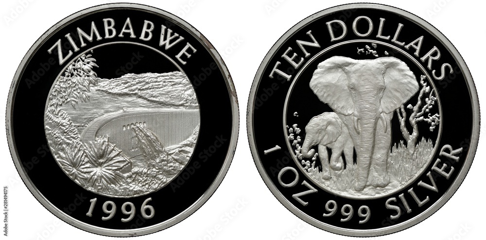 Zimbabwe Zimbabwean silver coin 10 ten dollars 1996, dam with pouring ...