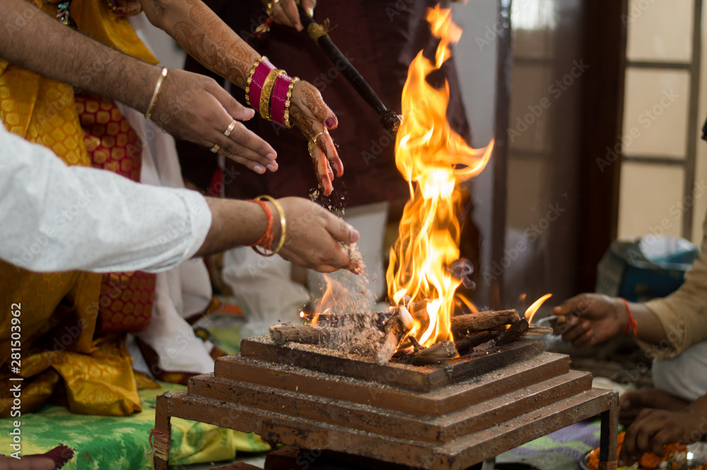offerings in fire during havan in housewarming ceremony in india Stock ...