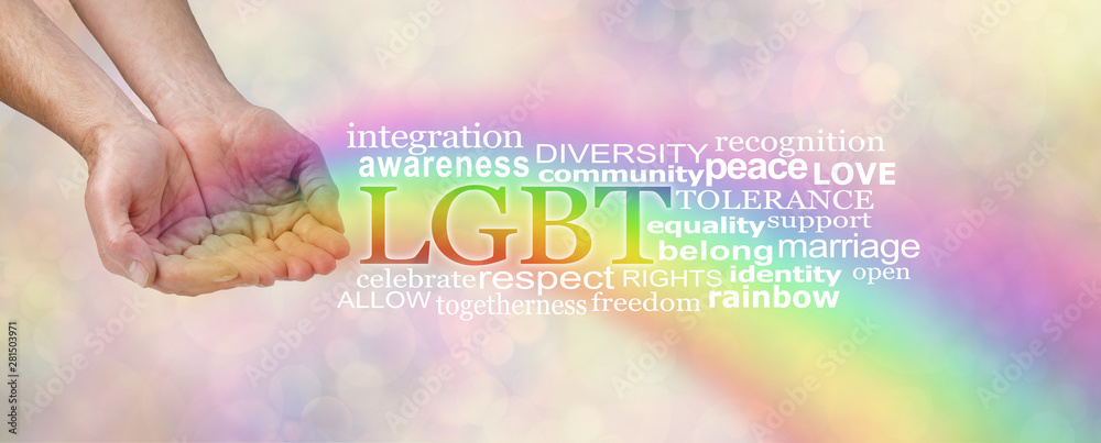 LGBT awareness word tag cloud - male hands in open cupped position with ...