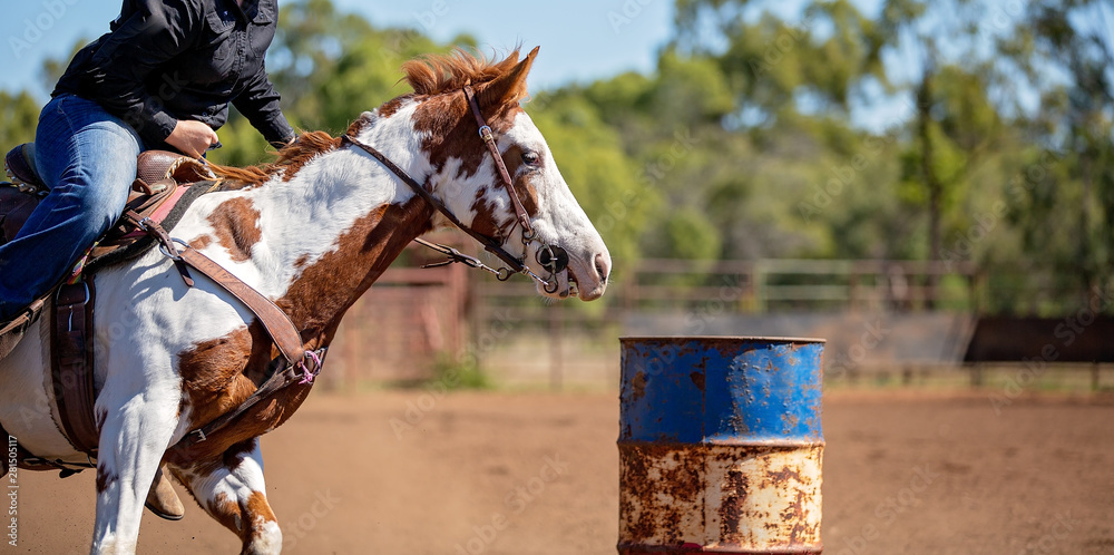 Horse And Rider Competing In Barrel Race At Outback Country Rodeo Stock ...