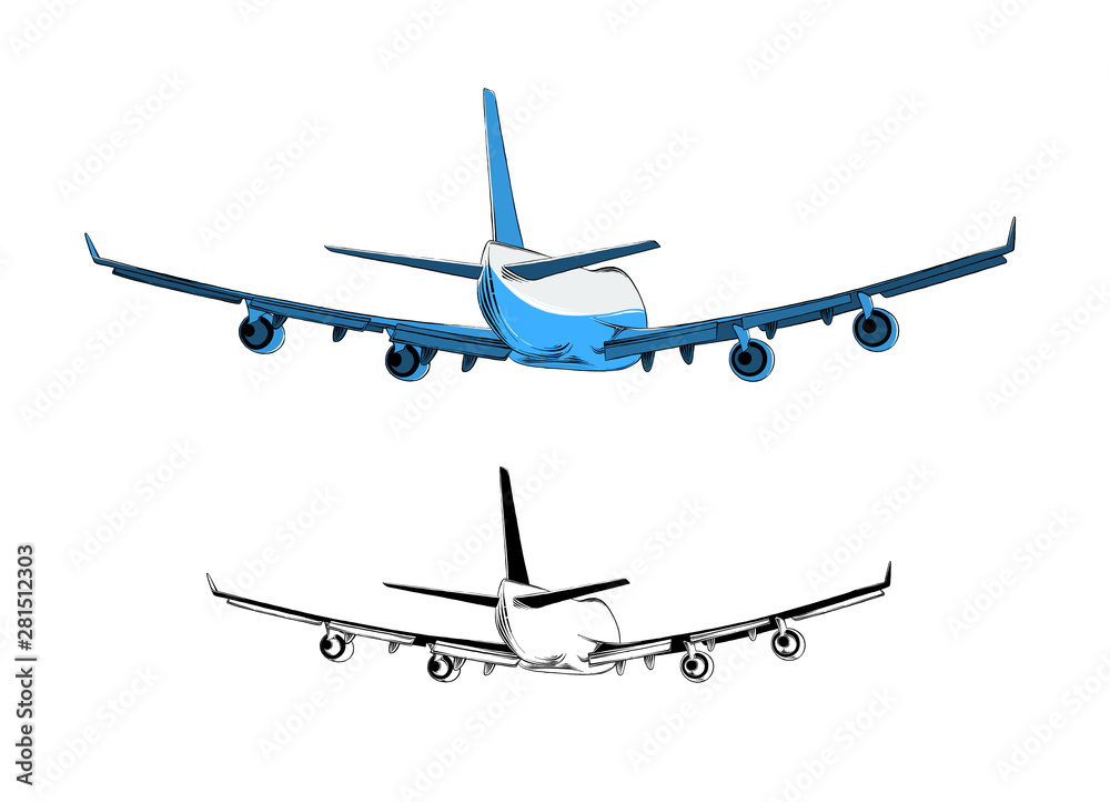 Vector drawing of airplane in blue color, isolated on white background ...