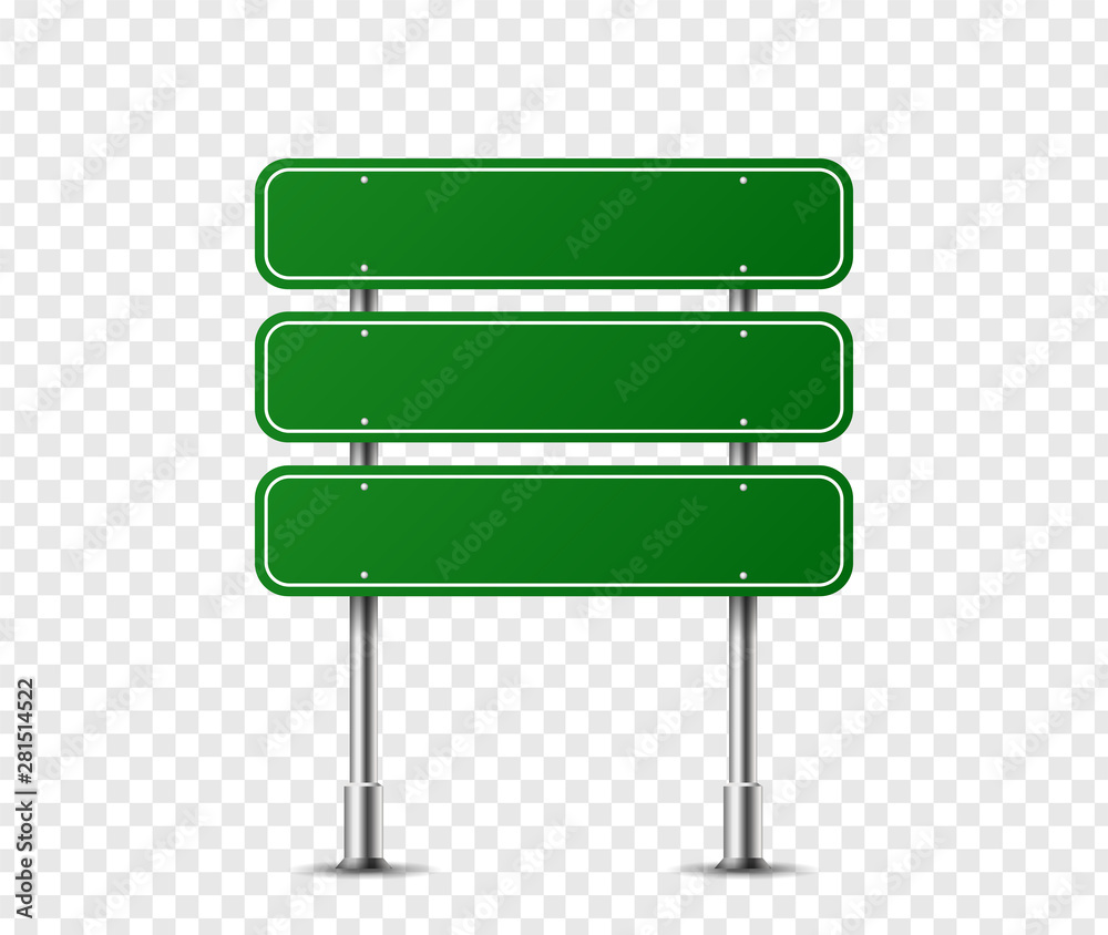Realistic rectangle traffic sign on metal steel pole isolated. Green ...