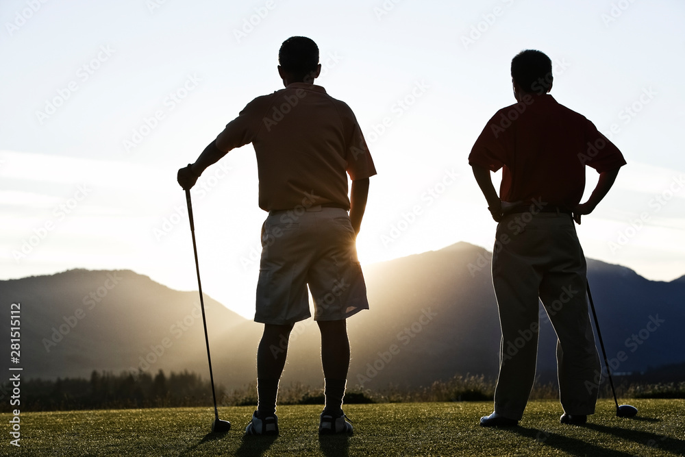 Rear view of golfers with golf club standing on golf course Stock Photo ...