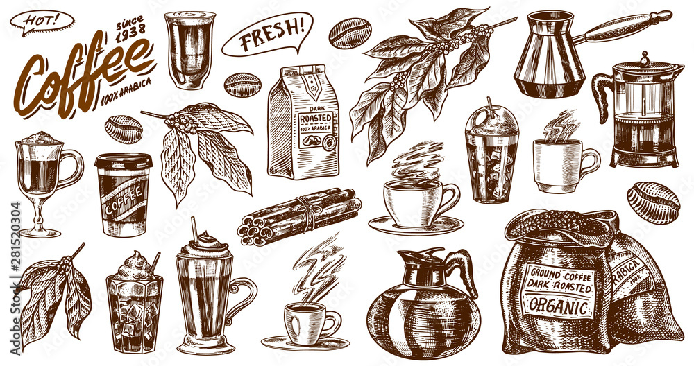 Coffee in vintage style. A bag of grain, cocoa leaves, cinnamon sticks ...