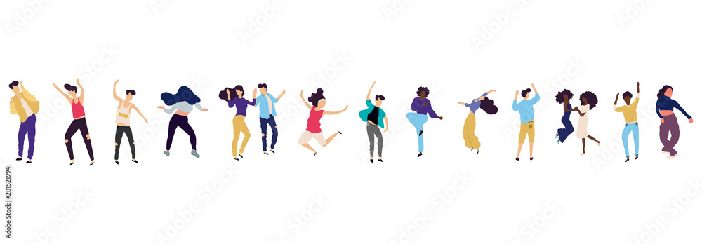 Crowd of young people dancing at club. Big set of characters having fun ...