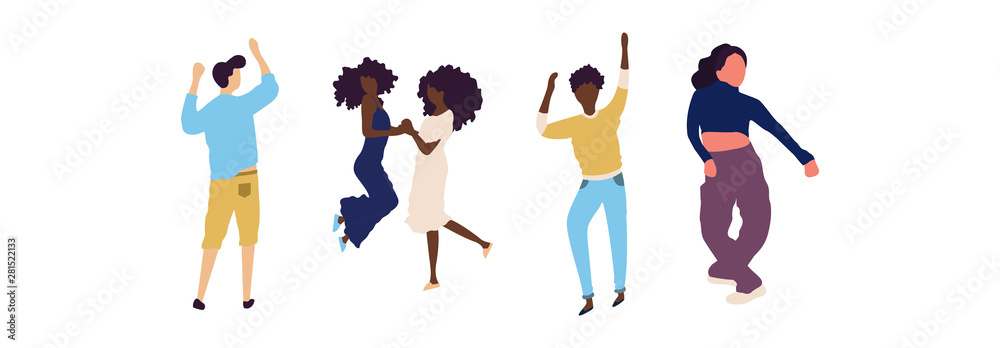 Crowd of young people dancing at club. Big set of characters having fun ...