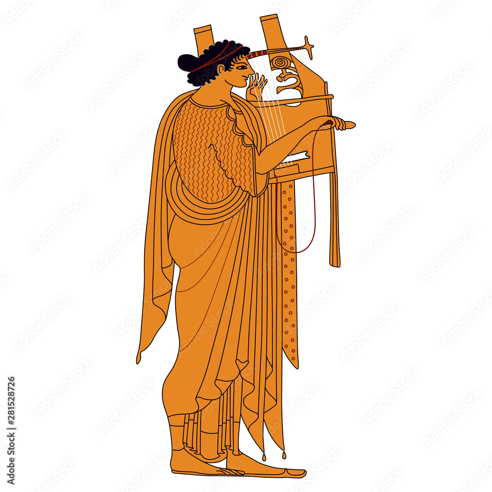 Ancient Greek god Apollo playing the cithara. Vase painting style ...