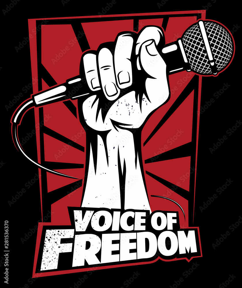 Microphone in a hand, hand holding a microphone in a fist, vector logo ...