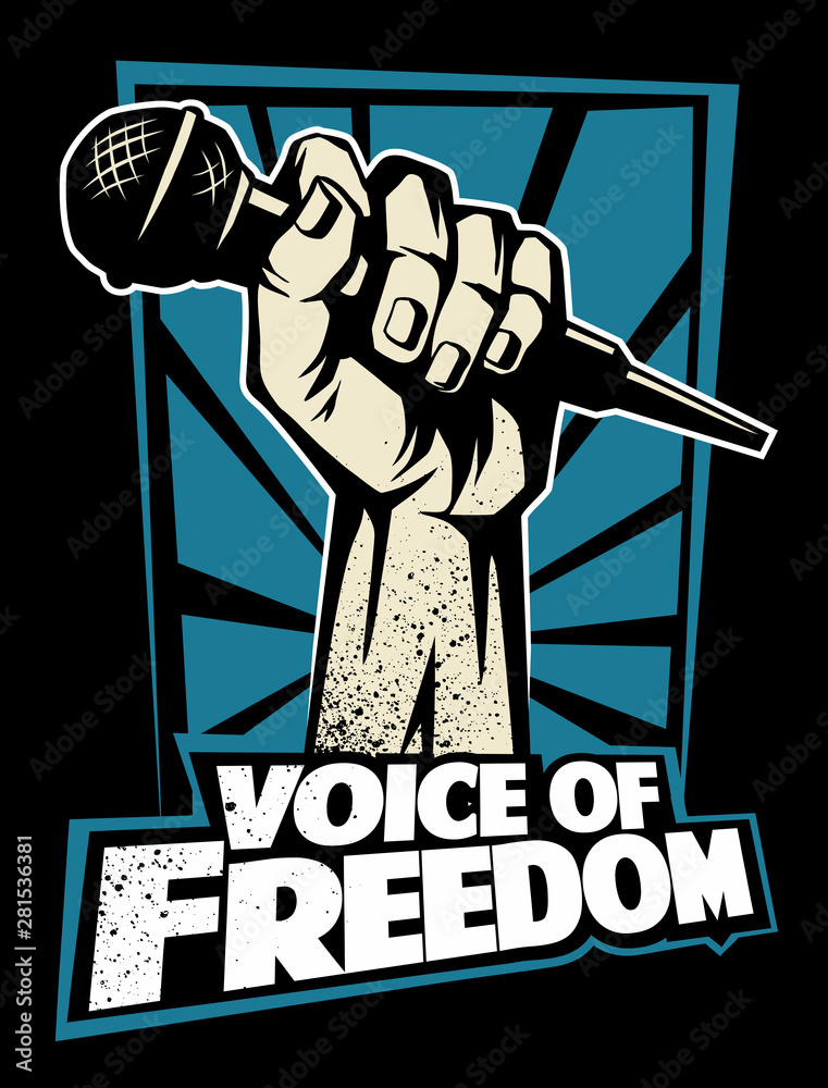Microphone in a hand, hand holding a microphone in a fist, vector logo ...