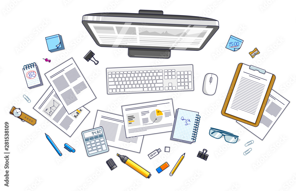 Work desk workspace top view with PC computer and analytics papers with ...