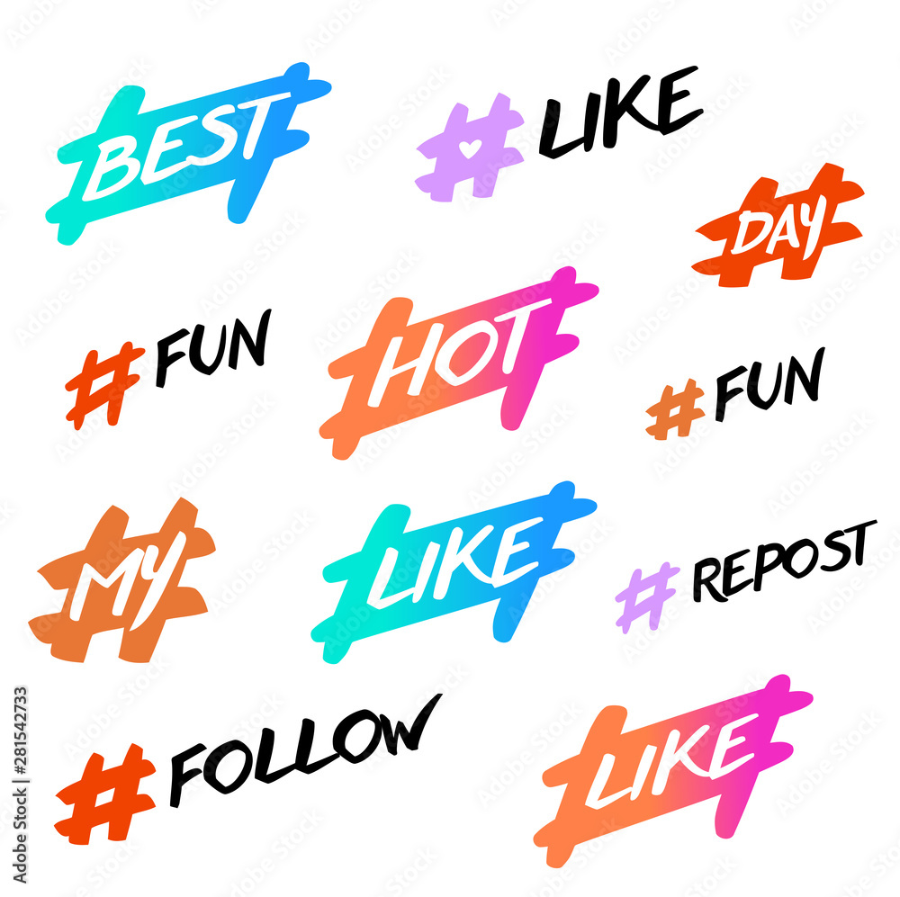 Hashtag icon with text for social network, internet application. Set ...