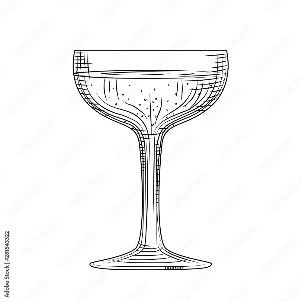 Hand drawn champagne glass sketch. Full sparkling wine glass. Stock ...