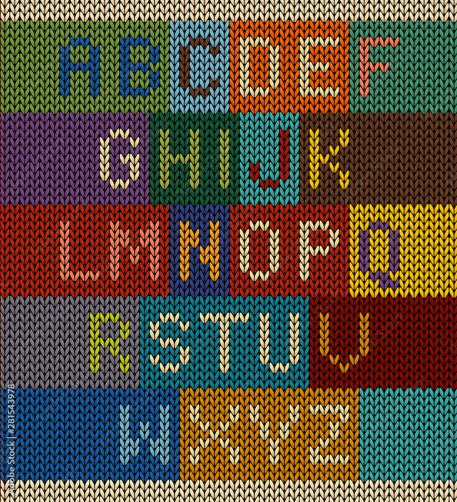 Vector knitted letter set font on knit background with various color ...