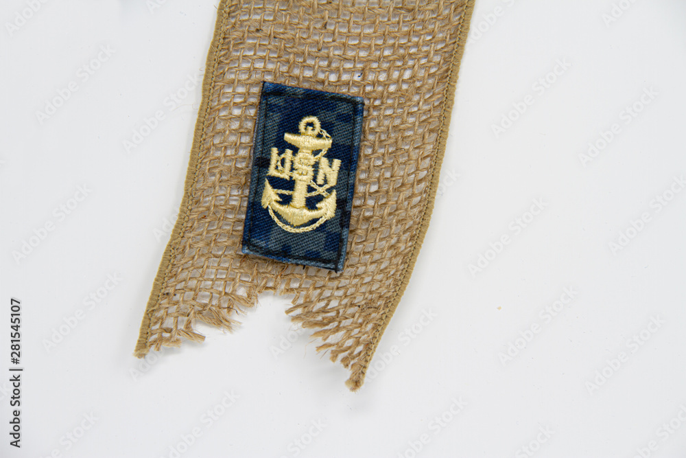 Navy Chief Anchor from the aquaflauge uniform on a burlap ribbon on a ...