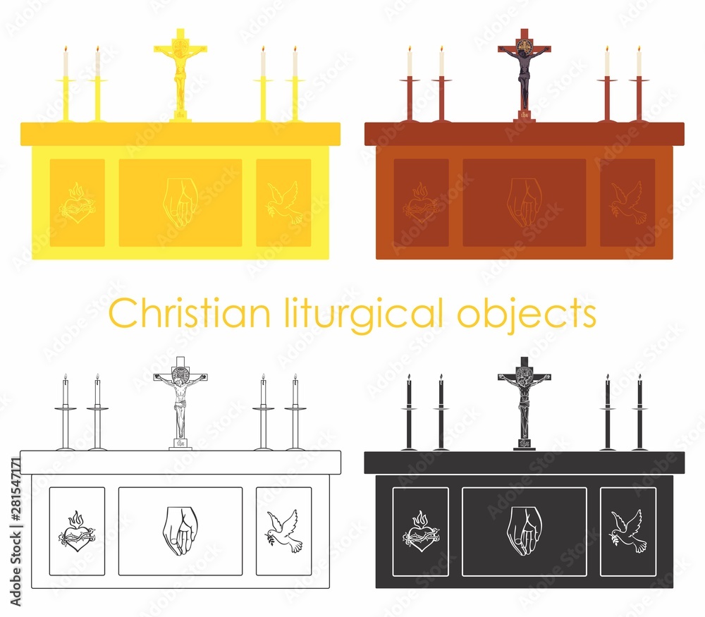 Christian liturgical objects on table. Black fill. Outline only. Stock ...