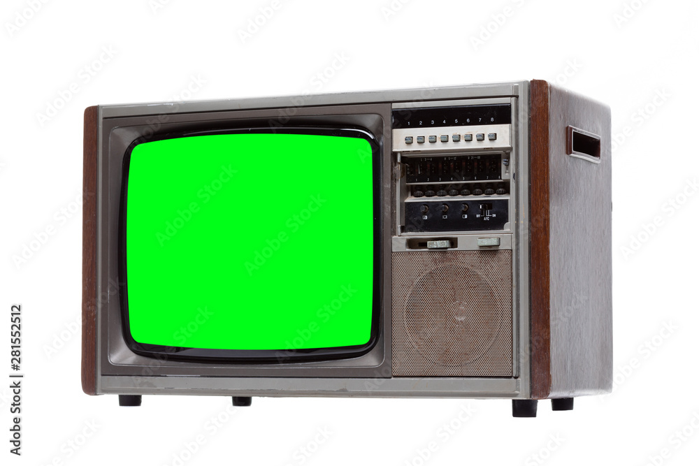 Vintage TV : old retro TV with green screen isolated on white . Stock ...