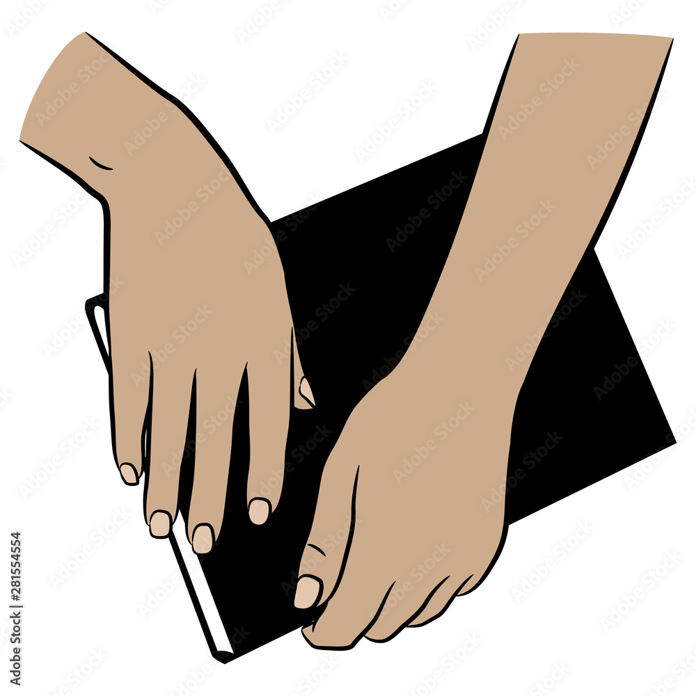Two human hands holding a book or folder. Cartoon style. Isolated ...