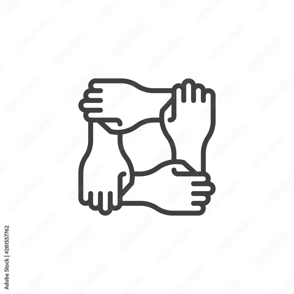 Solidarity hands line icon. linear style sign for mobile concept and web design. Four hands hold ...