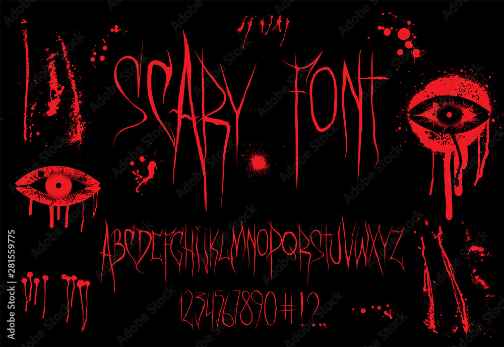 Horror Font vector Alphabet. Latin Alphabet, numbers and punctuation ...