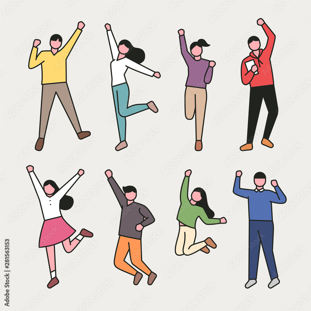 Young people jumping. Outline style character set. flat design style ...