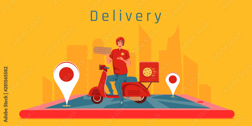 Fast delivery by scooter. Vector cartoon illustration. Food service ...