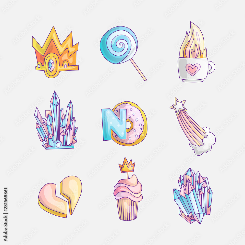 Set of princess and little girls cute fashion icon. Lovely vector set ...