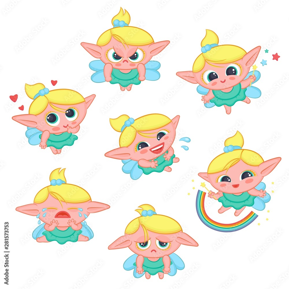 Cute little fairy with wings expresses different emotions joy sadness ...
