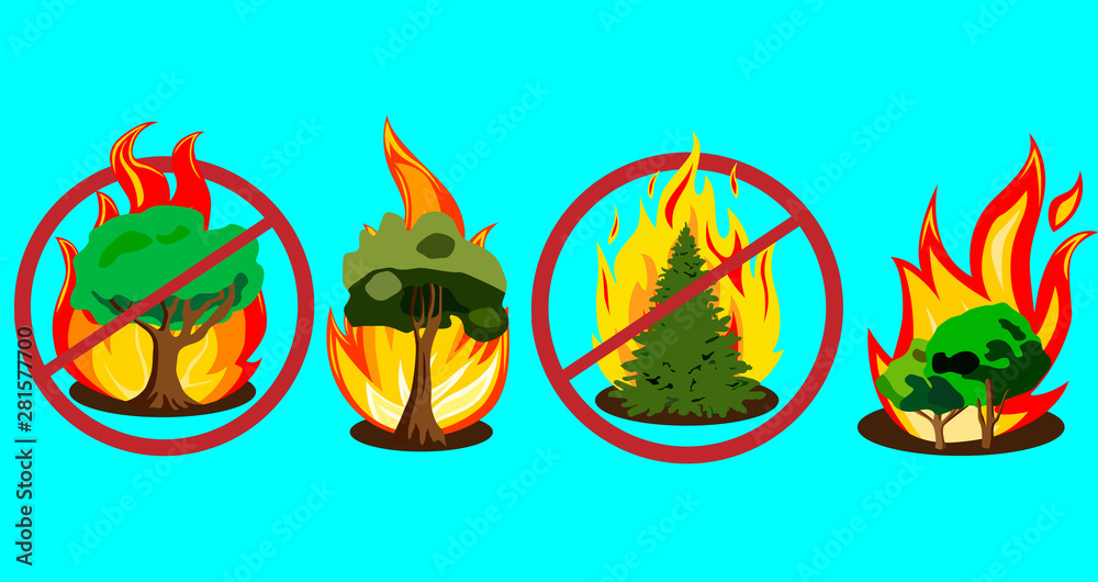 set of four fire warning signs, signs crossed out by a red line, image ...
