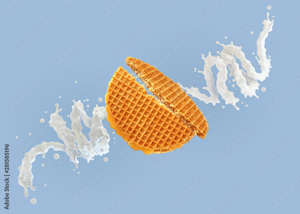 Fresh milk, cream, yogurt 3D splash with caramel waffle. Breakfast ...