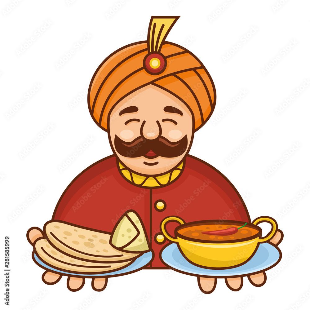 Cute cartoon Indian chef serving curry, roti and samosa, Vector ...