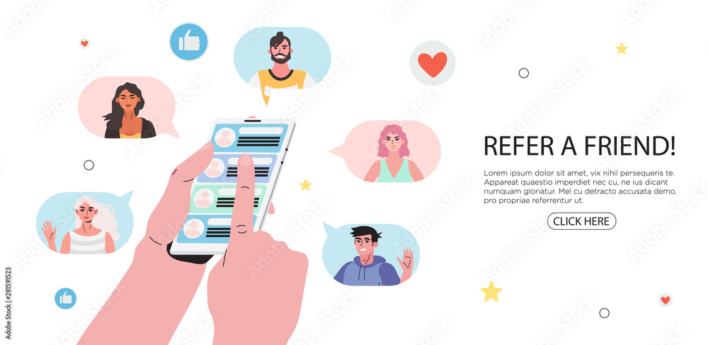 Refer a friend concept with cartoon hands holding a phone with a list ...