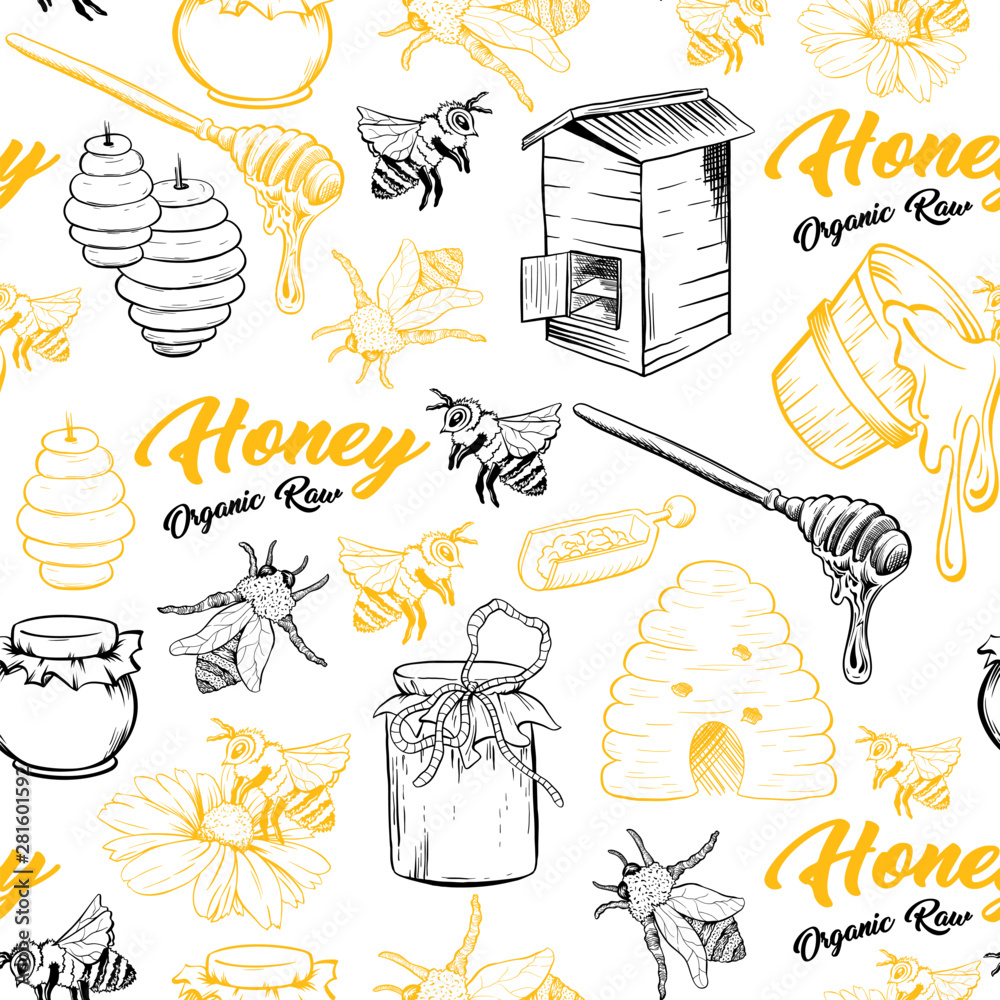 Honey Bee, Honeycomb And Jar Image Seamless Pattern Design In Sketch ...