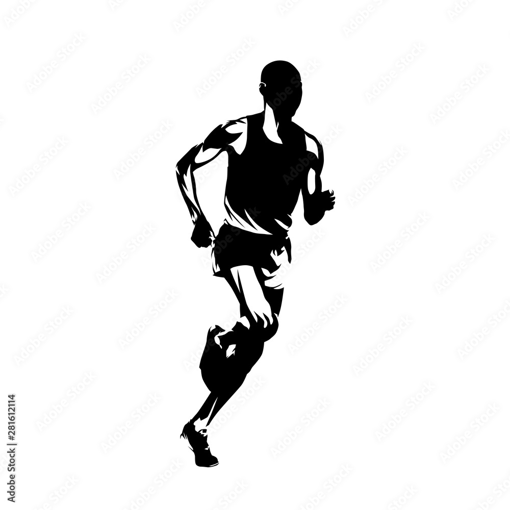 Marathon runner, ink drawing, isolated vector silhouette. Running man ...