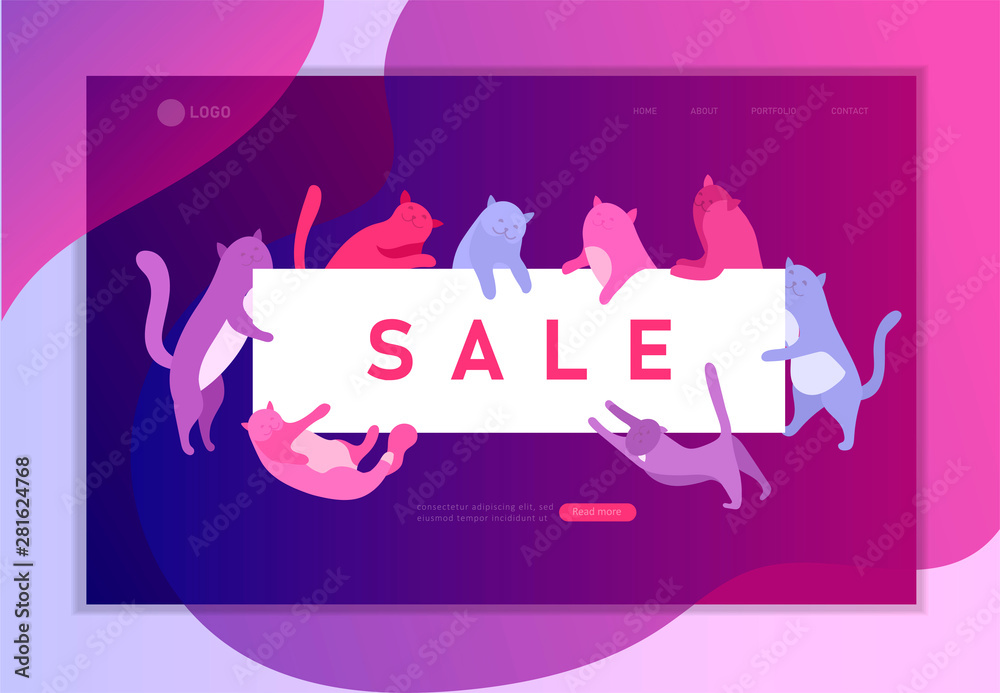 Landing page template with Cute cats holding blank banner sale message ...