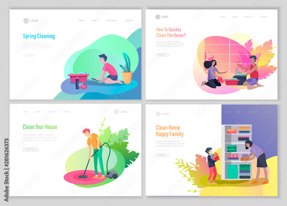landing page template people home cleaning, washing dishes, fold ...
