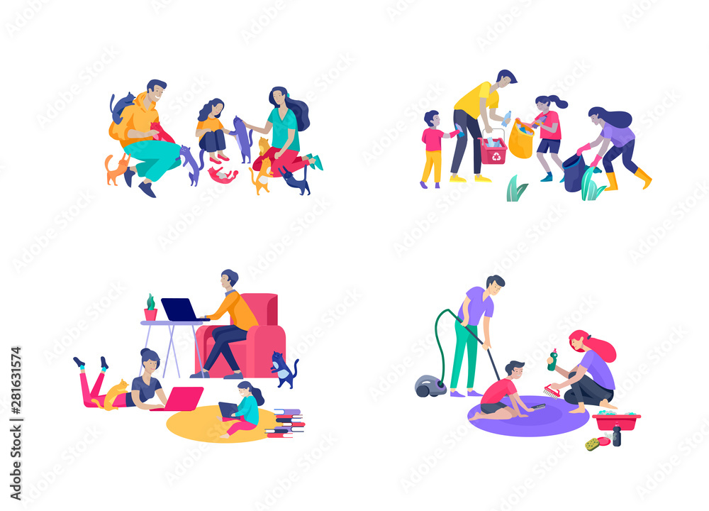 Collection of family hobby and activities. Mother, father and children ...