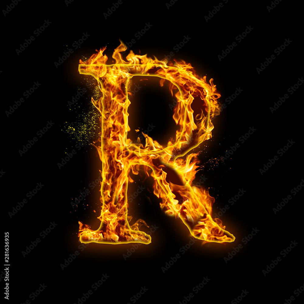 Letter R. Fire flames on black isolated background, realistick fire ...