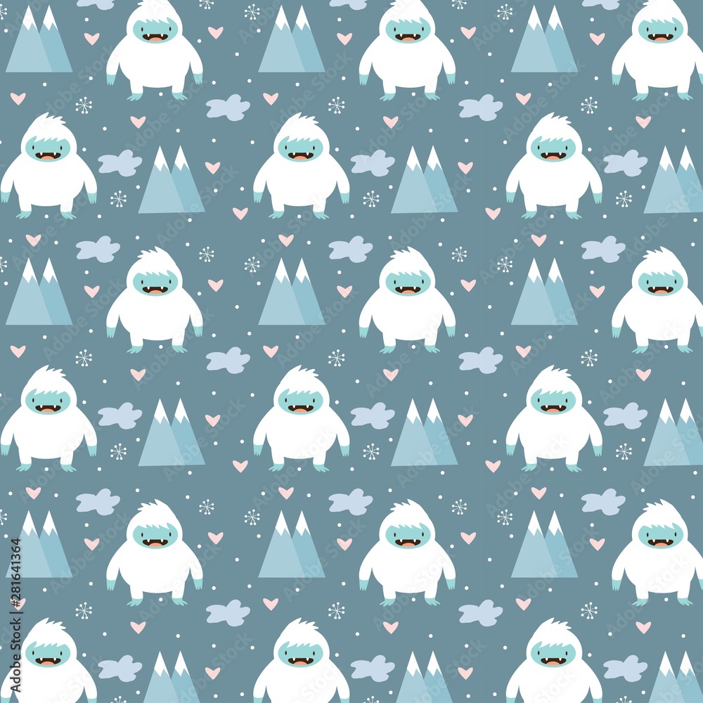 Childish seamless pattern with cute yeti , mountain,snow.erfect for ...