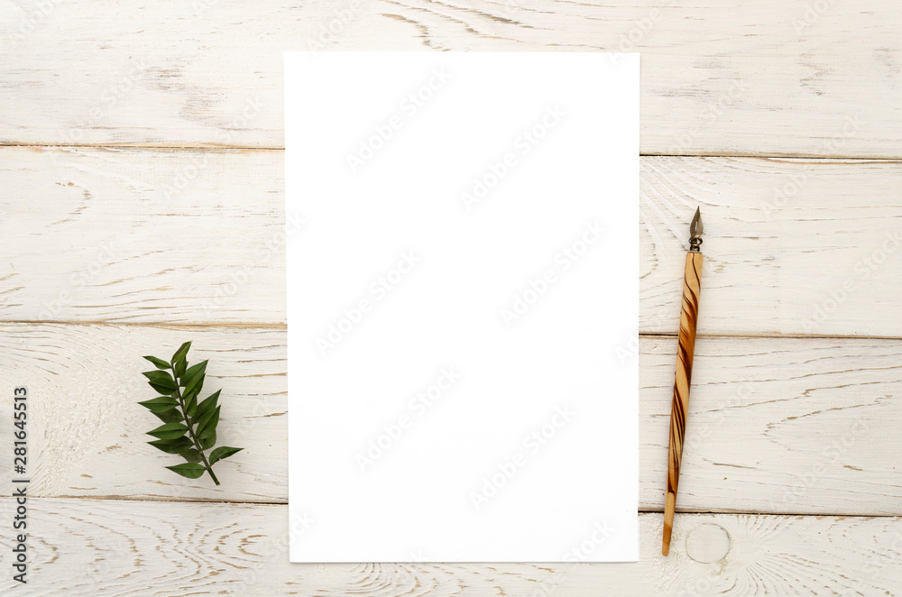 Blogger's workdesk mockup with A4 paper list and a nib pen, top view ...