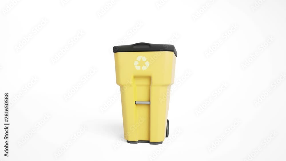 Yellow plastic garbage bin with recycling logo, isolated on white ...